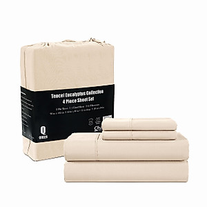 CHATEAU HOME COLLECTION Tencel Eucalyptus Queen Size Sheet Set & Standard Pillows Set of 2 Combo- Ivory Silky Soft Breathable Sheets & White Supportive Soft Pillow Design with Grey Stripes
