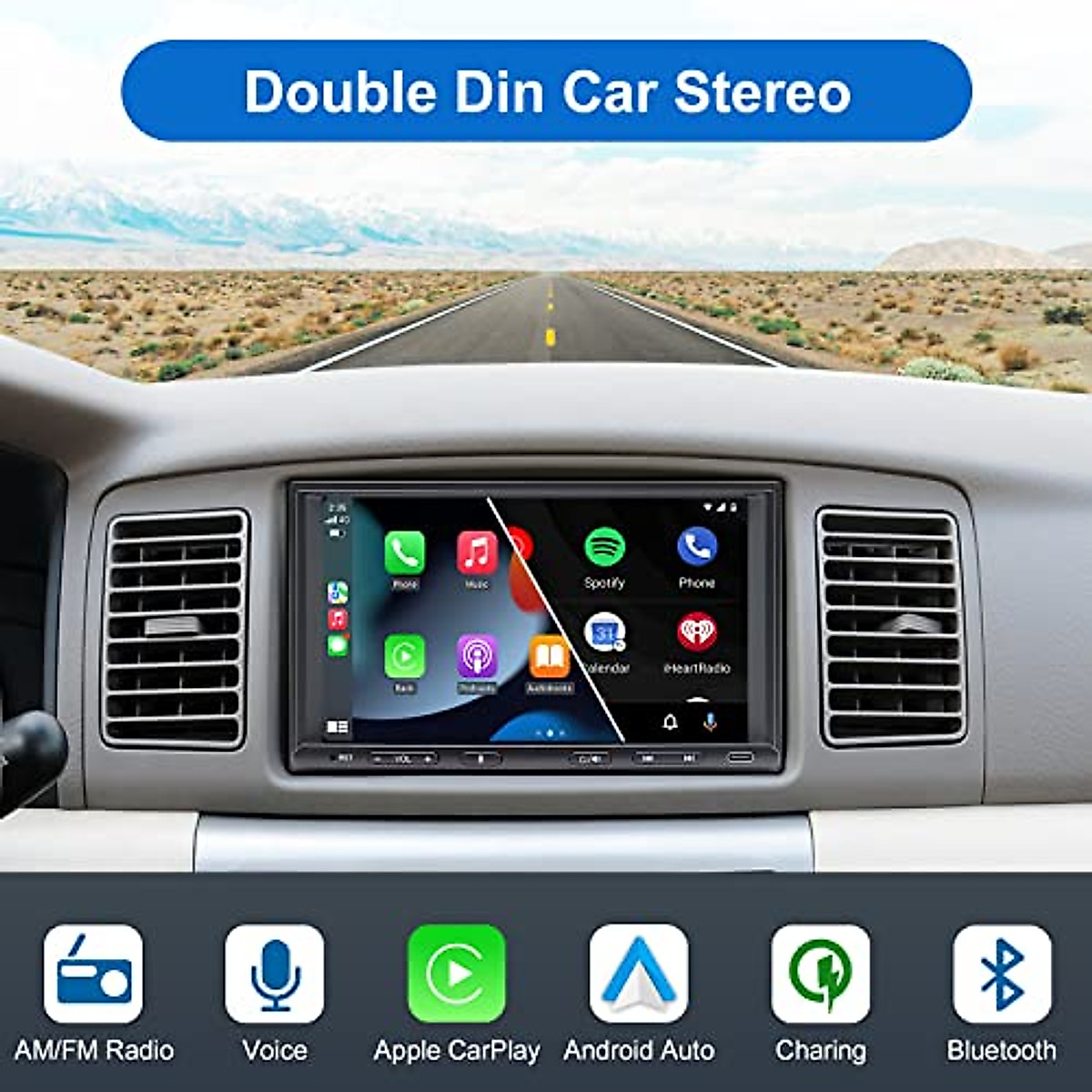 Double Din Car Stereo Radio Wireless CarPlay & Wireless Android Auto, 7inch Touch Screen Car Audio Receiver with Bluetooth,Live Rearview Camera,AM/FM, GPS Navigation,Mirror Link,Subwoofer,USB/AUX/SWC