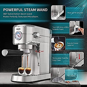Gevi 20 Bar Compact Professional Espresso Coffee Machine with Milk Frother/Steam Wand for Espresso, Latte and Cappuccino, Stainless Steel, 35 Oz Removable Water Tank (Machine)