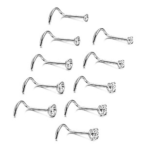 FIBO STEEL 20G Nose Rings Studs for Women 316L Surgical Steel Screw Nose Studs Nose Piercings Jewelry CZ Inlaid 1.5MM 2MM 2.5MM 3MM 3.5MM 10Pcs Silver