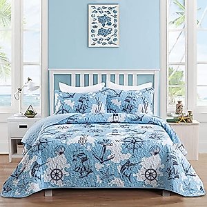 Dinjoy Nautical Ocean Quilt Set Queen Size, Blue Beach Coastal Themed Bedding Set Lighthouse Anchor Sailboat Pattern Microfiber Lightweight Summer Bedspread Coverlet Bed Set All Season