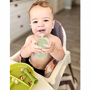 Olababy 100% Silicone Training Cup with Straw Lid (Mint) and Training Spoon Set Bundle