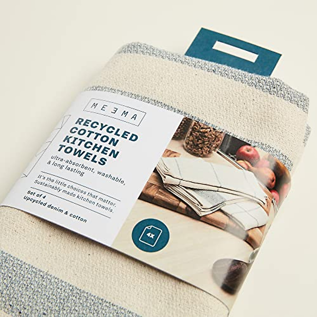 MEEMA Kitchen Towels and Dishcloths, Ecofriendly Upcycled Cotton Set of 4, Large 20 x 28 in Super Absorbent Premium Weave, Toallas de cocina