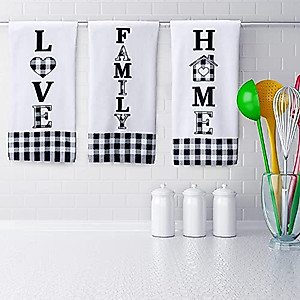 3 Pieces Buffalo Plaid Home Family Love, Black and White,Country Christmas Kitchen Towels Set Fast Drying Farmhouse, Decorative Towels for Cooking Baking (Cute)