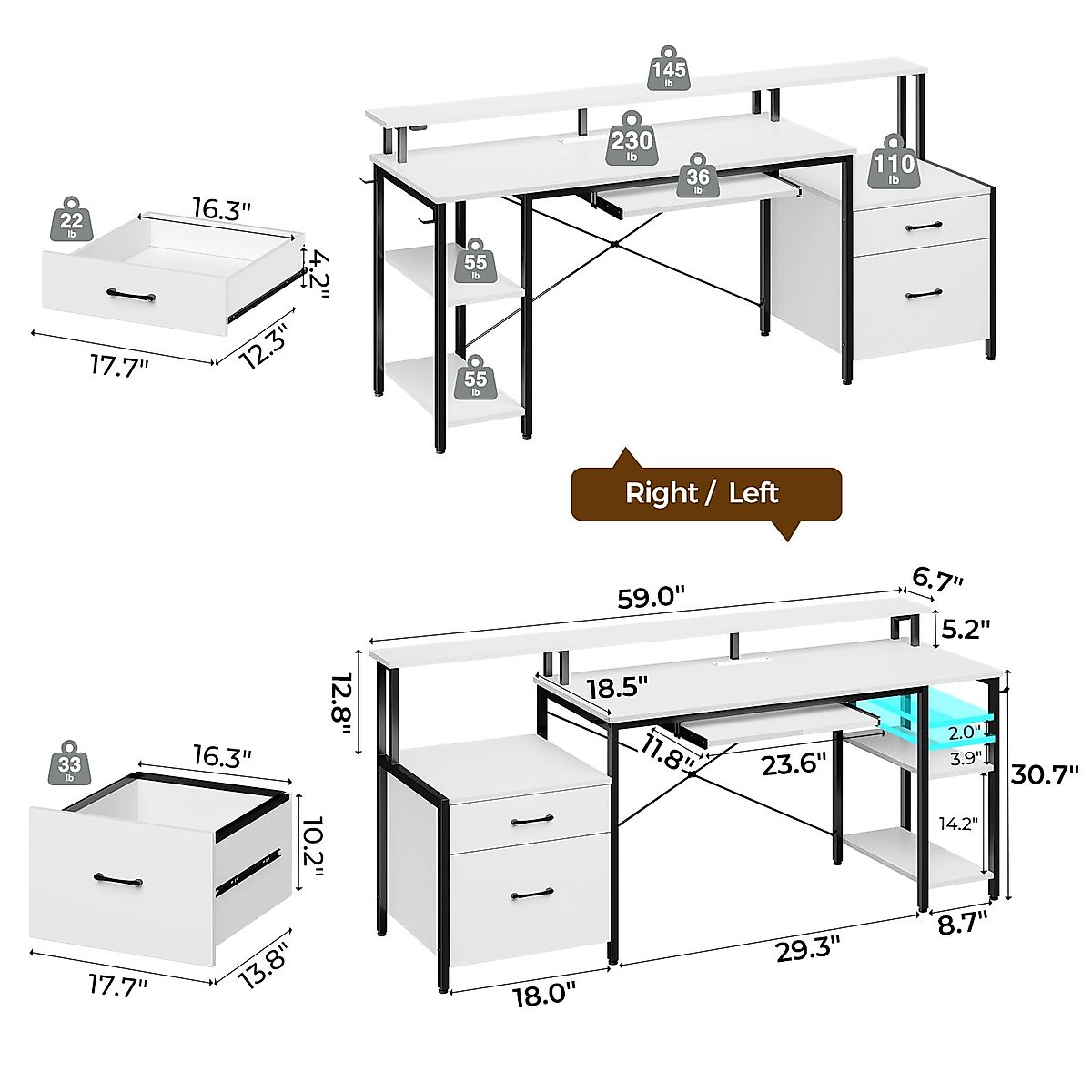Rolanstar Computer Desk 59" with File Drawer, Gaming Desk with LED Light & Power Outlets, Home Office Desk with File Cabinet & Storage Shelves, with Monitor Stand & Keyboard Tray, White