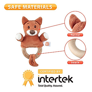 Donty-Tonty Premium Wood Baby Teether Rattle Toy Easter Baby Gift - Animals Soft Plush Shaker Toy with Natural Wooden Teething Ring Toddler, Newborn Boy, Girl, Gifts for 0 3 6 9 12 Months - Red Fox