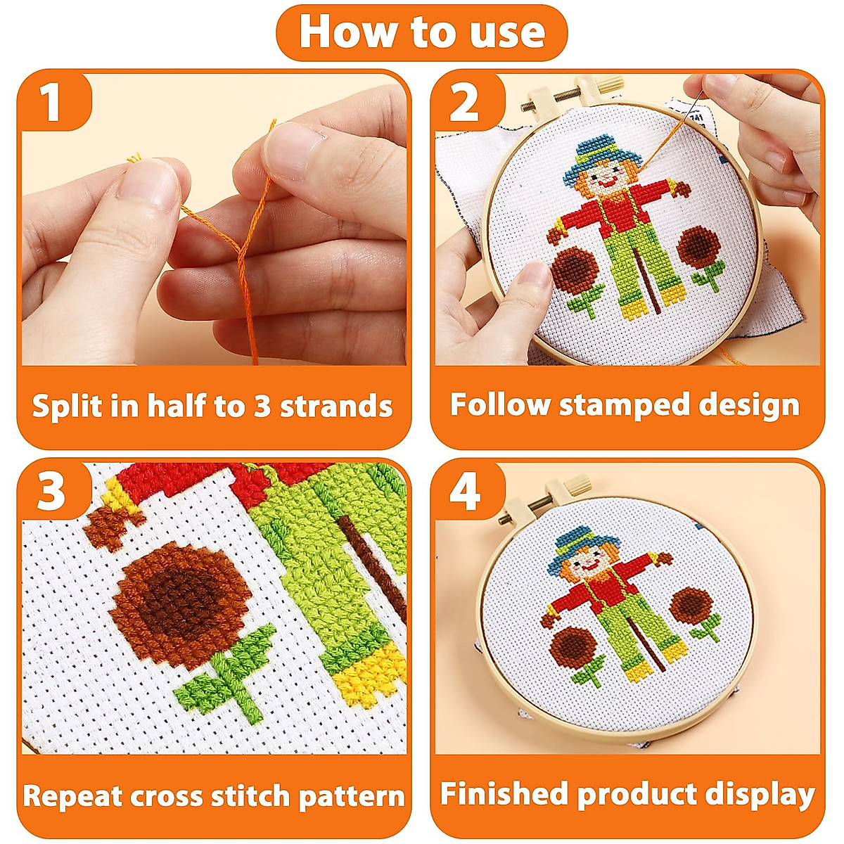 ZOIIWA 6PCS Fall Cross Stitch Kits for Beginners Autumn DIY Embroidery Kit for Kids Adults Fall Thanksgiving Gift Turkey Pumpkin Maple Leaf Truck Squirrel Scarecrow Craft Needlepoint Starter Supplies