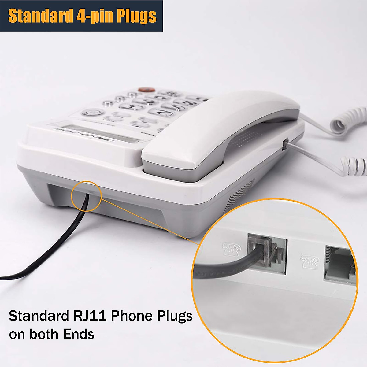 15FT Telephone Extension Cord Cable, Landline Phone Line Wire with RJ11 6P4C Plugs, Includes Cable Clips - Black - 2 Pack