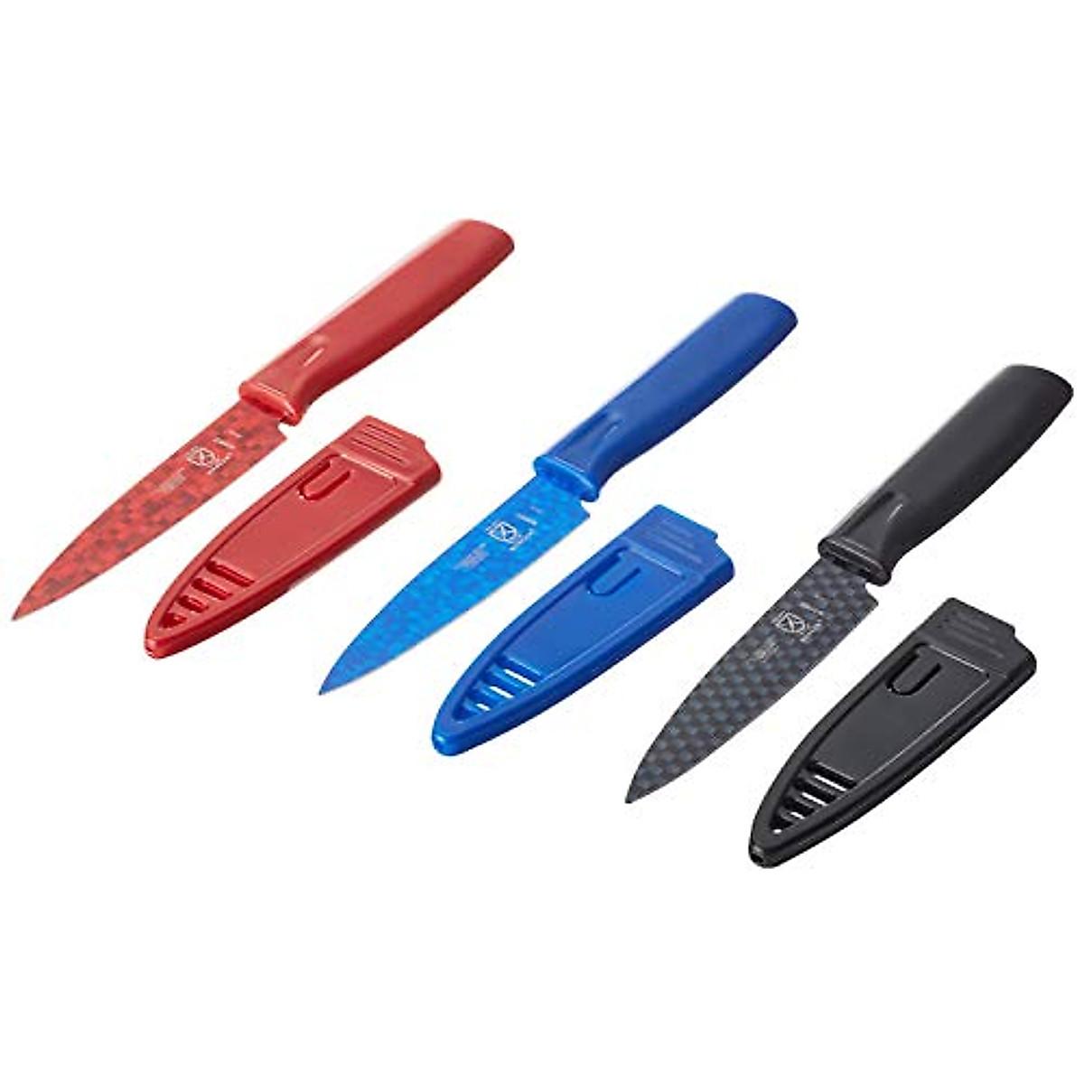 Mercer Culinary Non-Stick Paring Knives with ABS Sheaths, 4 Inch, Red/Blue/Black, 3 Pack