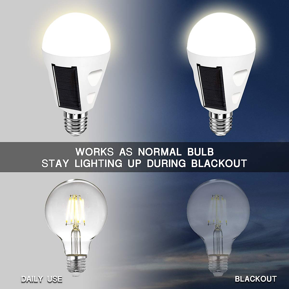 Shinelan 4 Pack LED Solar Emergency Light Bulbs for Home Power Failure, E26/E27 7W Rechargeable Battery Backup Bulb, Hurricane Supplies for Home, White Daylight 6000k Outdoor Hiking Camping Light