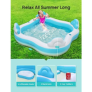 Inflatable Swimming Pool, EVAJOY Inflatable Pool for Kids, Adults, Family-Sized Above Ground Swimming Pool with 4 Seats, 4 Backrests, Cup Holders, for Backyard, Garden, Outdoors, 200 gal