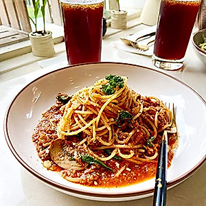 Mora Ceramic Large Pasta Bowls 30oz, Set of 4 - Serving, Salad, Dinner, etc Plate/Wide Bowl - Microwave, Oven, Dishwasher Safe Kitchen Dinnerware - Modern Porcelain Stoneware Dishes, Vanilla & Grey