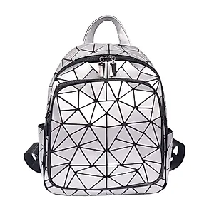 Geometric Luminous Ladies Backpack Wallet Holographic Reflective Backpack Diamond Travel Backpack (Silver)