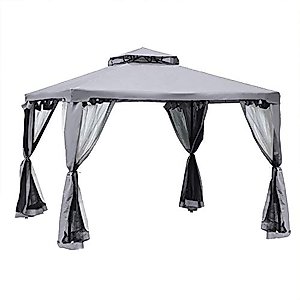 Outsunny 10' x 10' Patio Gazebo Outdoor Canopy Shelter with 2-Tier Roof and Netting, Steel Frame for Garden, Lawn, Backyard and Deck, Grey