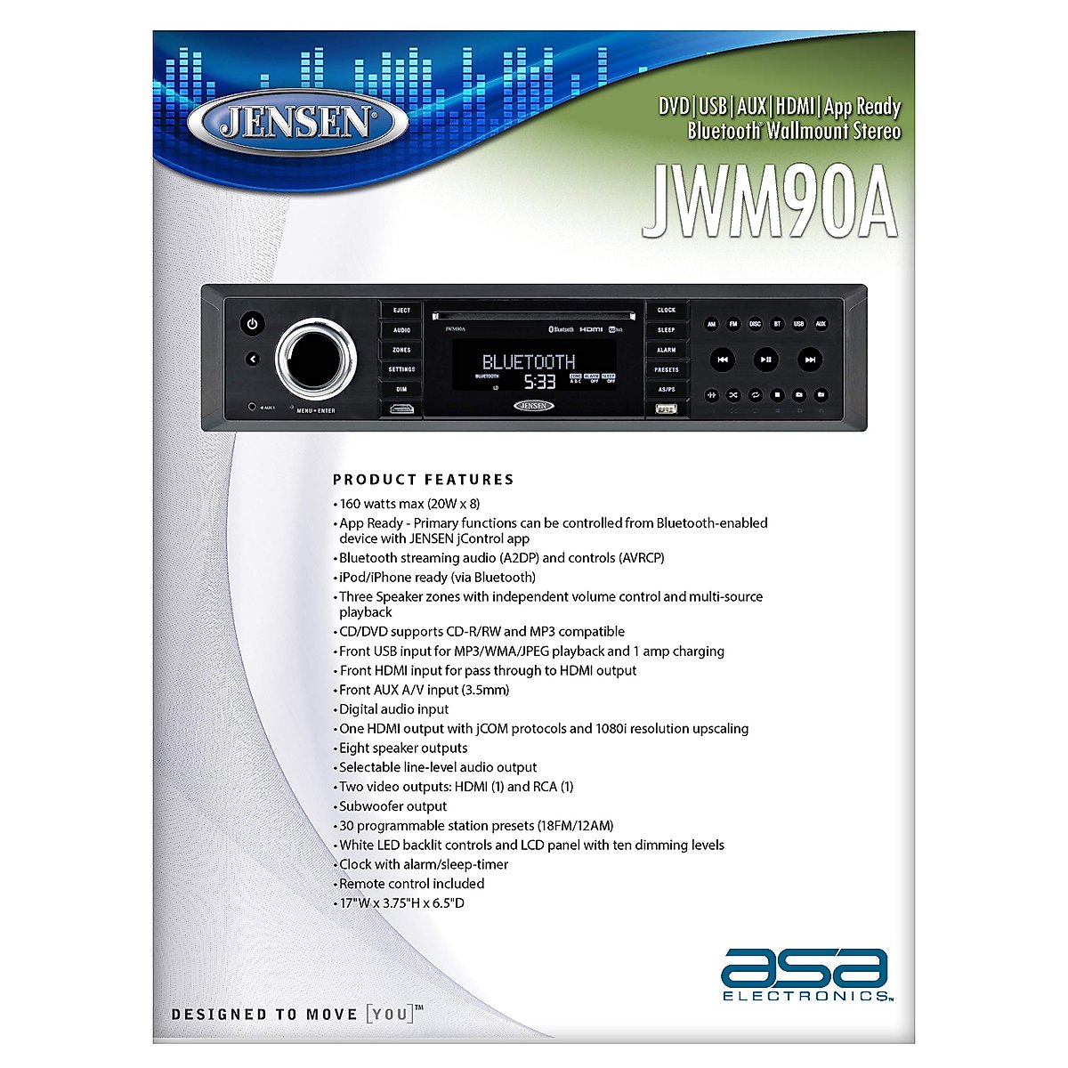Jensen JWM90A Slimline 3-Zone Source Theater-Style Bluetooth Wallmount Stereo with App Control, DVD/CD-R/RW & MP3 Compatible, Dual HDMI Video Output, HDMI ARC, USB Play MP3/WMA Files, Rear RCA In/Out
