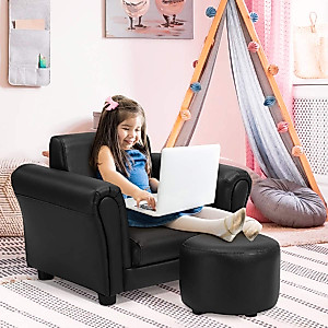 GLACER Kids Sofa w/Footstool, Toddler Mini Couch w/PVC Leather, Ergonomic Armrest & Backrest, 100 LBS Load-Bearing, Upholstered Children Sofa for Boys Girls (Black)