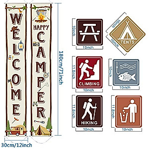 Camping Themed Party Decorations Set, Big Size Laminated Camping Sign Cutouts, Camping Party Banner Welcome Porch Sign for Camping Themed Birthday Baby Shower Decorations