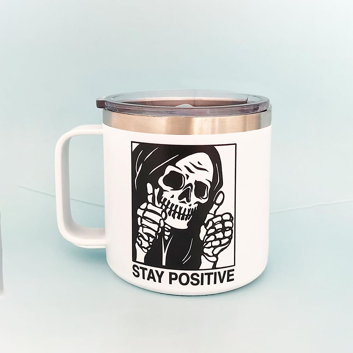 EXIGENT Funny Stay Positive Skull Coffee Tea Cup Mug Collectible 14Oz Ounces Birthday Gifts Decorations (SKULL)