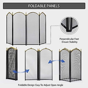 VIVOHOME 4 Panel 51.5 x 32 Inch Fireplace Screen Mesh Baby Safe Proof Fence Spark Guard Cover Ornate Wrought Iron Black Metal Fire Place Standing Gate