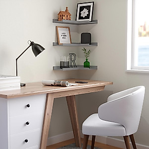 Boswillon 3 Tier Corner Floating Shelves with Protective Lip, Modern Corner Shelves Wall Mounted, Corner Ledge Shelves for Wall Decor, Grey Shelves for Living Room, Bedroom, Bathroom - Gray