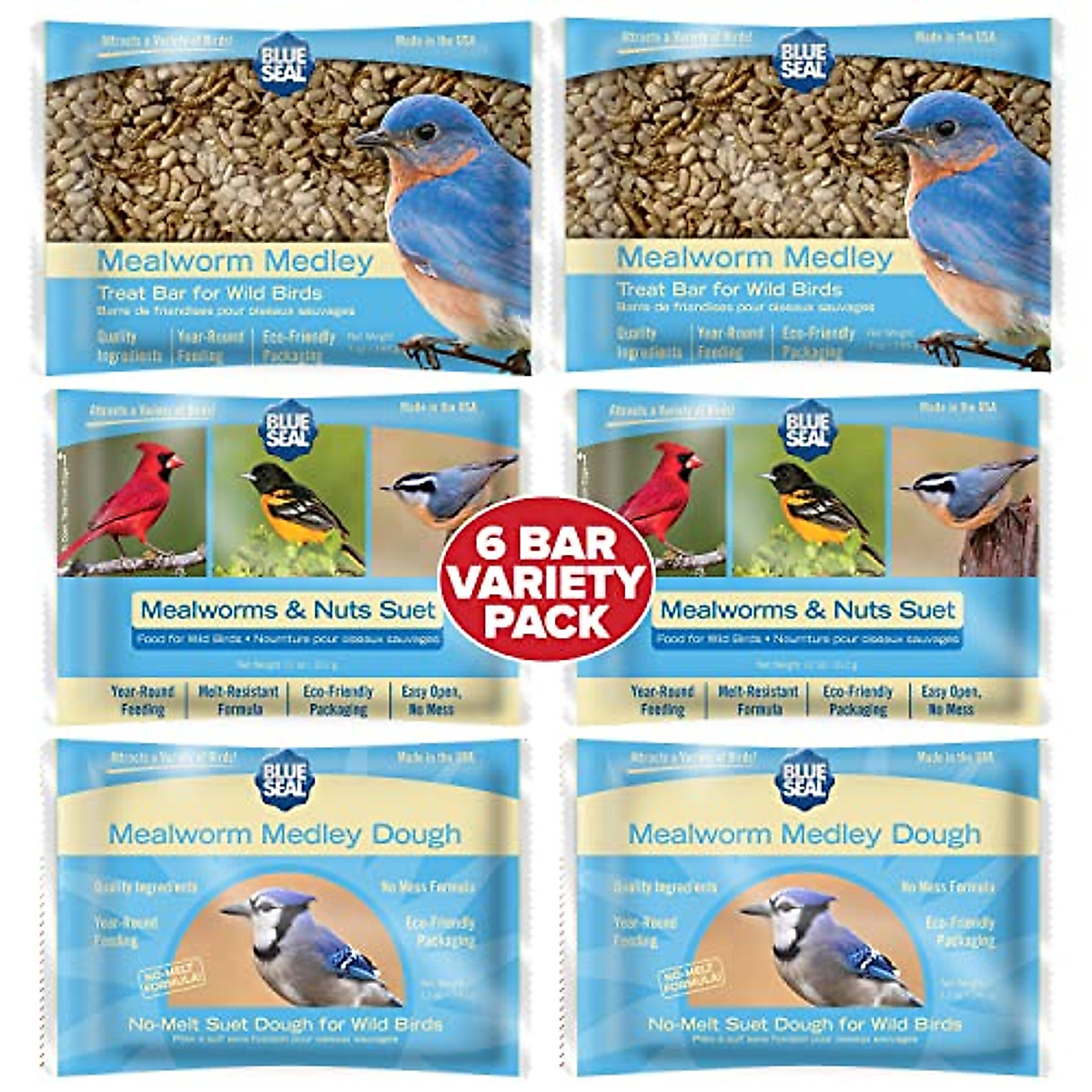 Blue Seal Mealworm Medley Suet Cakes for Wild Birds - No Mess Suet Feed, Food for Woodpeckers, Cardinals, Siskins, Sparrows & More - Suet Feeder, Bird Seed Cakes (Variety Pack of 6)