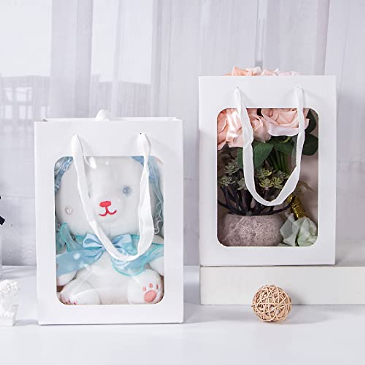 Sdootjewelry Gift Bag with Window, 10pcs White Paper Tote with Transparent Window, 9.8" x 5.1" x 7.0"Transparent Bouquet Gift Bags With Handle, Kraft Paper Gift Bags with Transparent Window