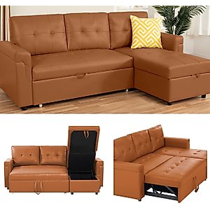 Naomi Home Transform Any Space: Sleeper Sectional Sofa with Convertible Sofa Bed & Inviting Chaise. Find Tranquil Comfort with Stress-Relieving Design & Durable Cushions - Caramel,Air Leather
