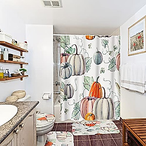 WILLBOND 4 Pcs Fall Shower Curtain Sets with Rugs Thanksgiving Watercolor Pumpkin Set Non Slip Toilet Lid Cover and Bath Mat 72 x Inches Hooks for Bathroom