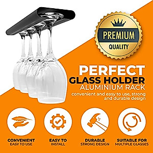 AA Brothers Aluminum Wine Glass Rack 2 Pack, Under Cabinet Wine Glass Holder, Under Shelf Mounted Stemware Rack for Bar Kitchen, Hanging Stemware Rack Organizer Hanger, Black
