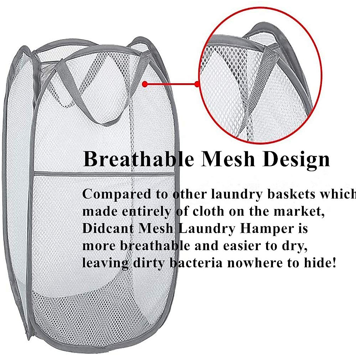 Portable Mesh Popup Laundry Hamper with Durable Handles, Folding Pop-Up Clothes Hampers Collapsible for Storage, Travel Cloth Basket Great for Home Kids Room, College Dorm, Travel (Grey)