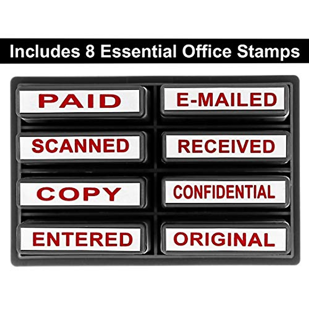ExcelMark Mini Office Message Rubber Stamp Set - Red Ink - Storage Tray Included
