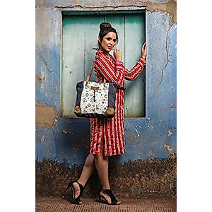 Myra Bag Abstract Key Upcycled Canvas & Cowhide Tote Bag S-1456