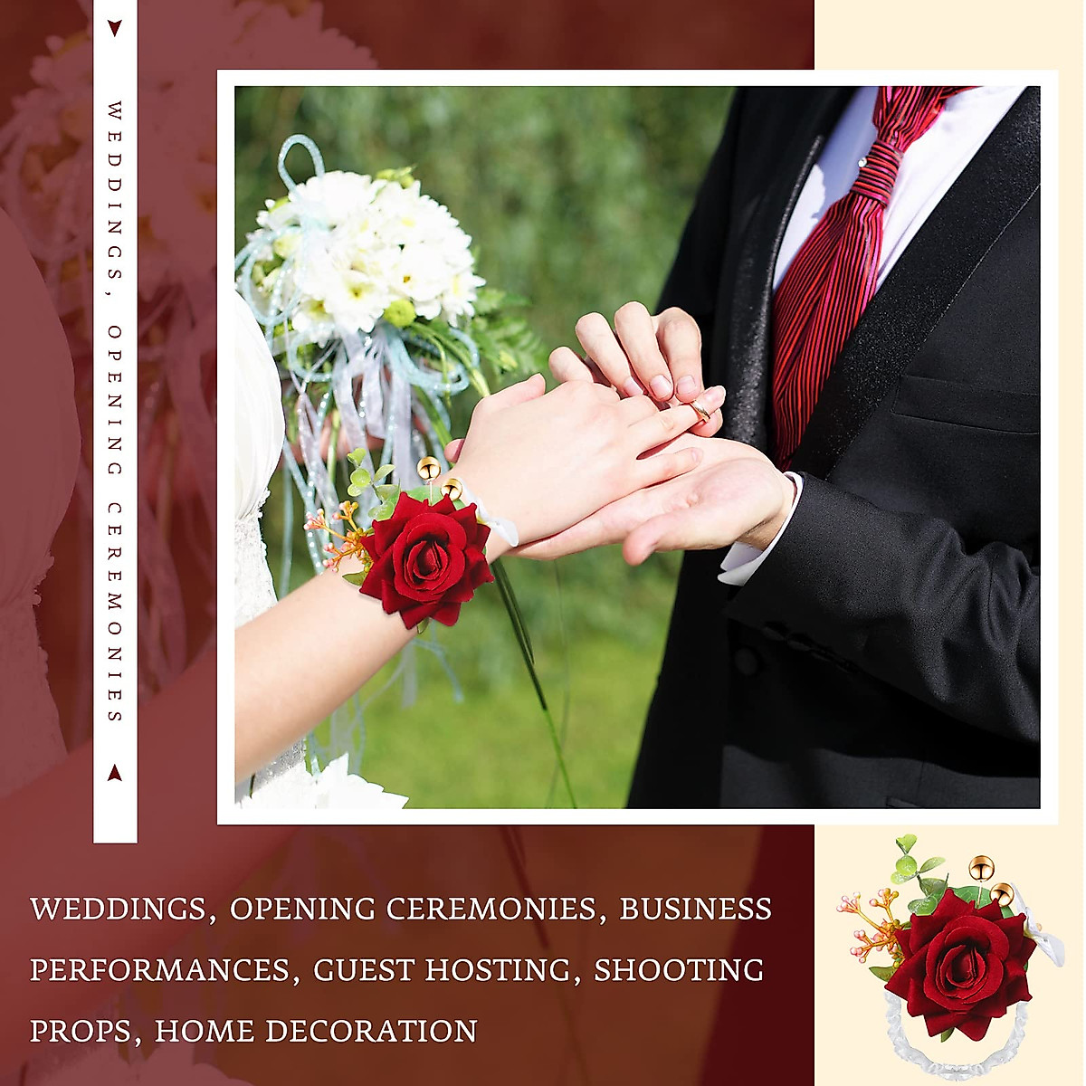 Sherr 40 Pcs Rose Wrist Corsage and Boutonniere Set Wedding Corsage Wristlet Bride Bridesmaids Groom Groomsmen Flowers Accessories Prom Party Suit Decorations for Ceremony Wedding Decor Dinner, Red