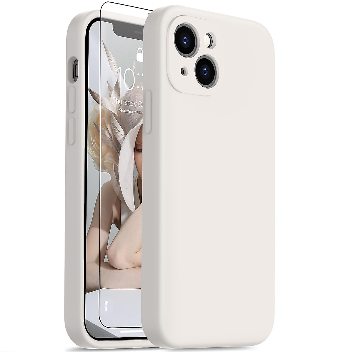 FUNMIKO Designed for iPhone 13 Case with Screen Protector,Enhanced Camera Lens Protection,Soft Silky Silicone Protective Phone Cover 6.1",Rock Grey