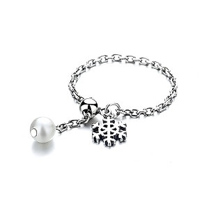 NewZenro Snowflake Pearl Flower Chain Tassel Dangle Statement Stacking Adjustable Sterling Silver Rings for Women Dainty Threader Finger Ball Bead Band Ring Gifts Xmas Daughter Bff