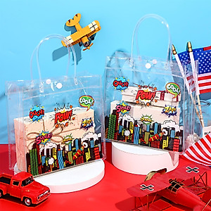 Aliceset 20 Pcs Hero Clear Favor Bags with Handles Hero Party PVC Treat Bags Boom Hero Theme Plastic Gift Bags for Birthday Party Rewards Supplies, 8 x 8 x 3.15 Inch
