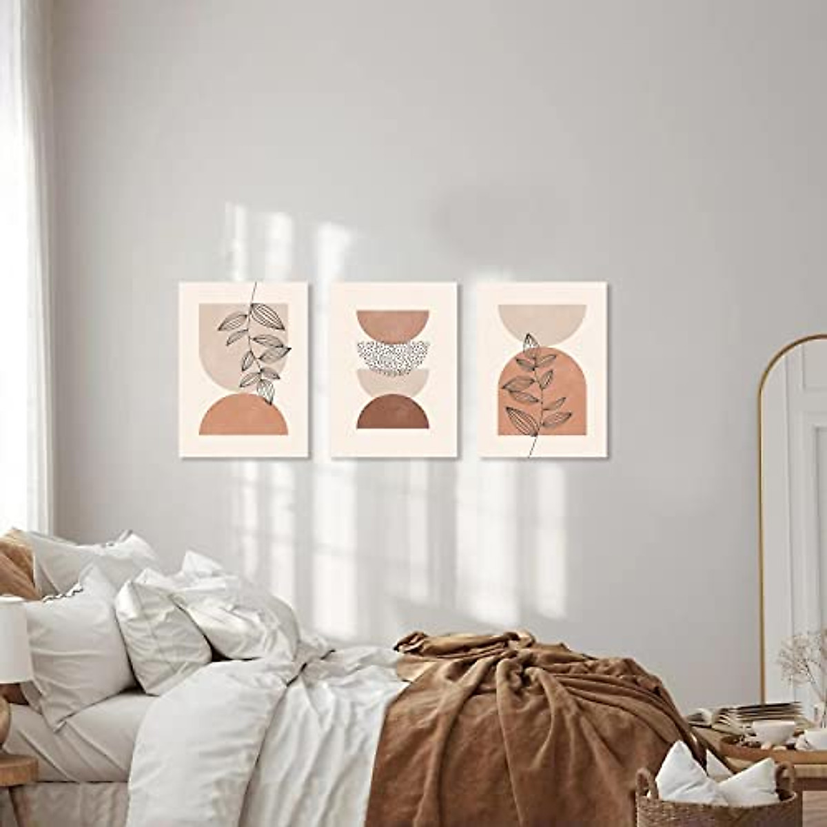 Minimalist Boho Wall Art Set of 3, Mid-Century Modern Wall Prints, Framed Neutral Abstract Geometric Prints Moon Botanical Artwork Paintings Posters Large Boho Wall Decor Ready To Hang for Bathroom Bedroom Living Room Boho Room Decor (12"x16")