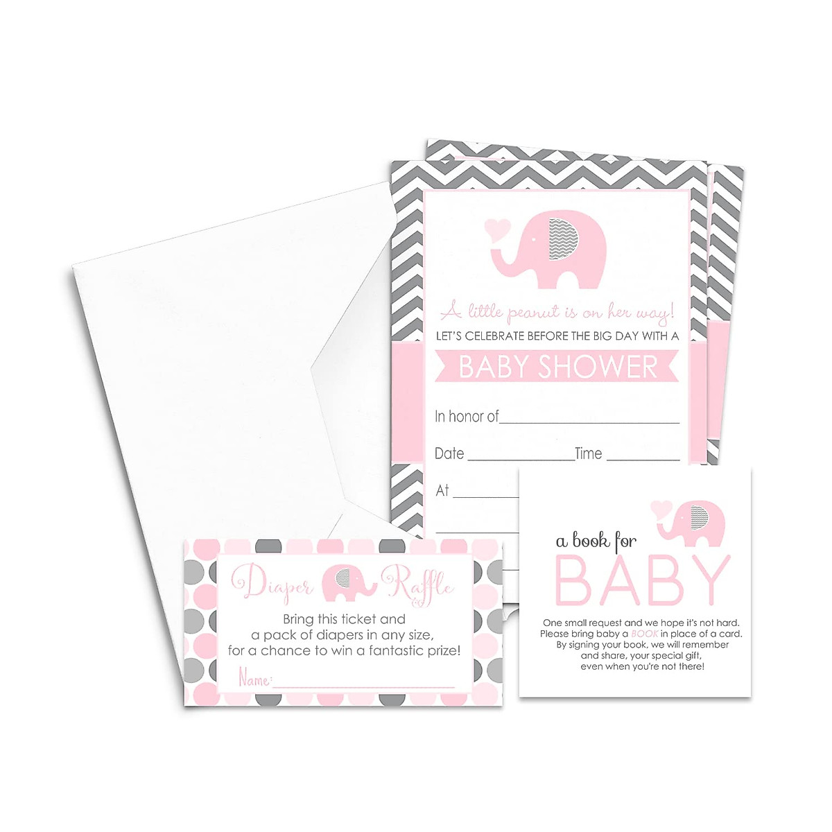 Paper Clever Party Pink Elephant Baby Shower Invitation Bundle Includes Blank Invites with Envelopes for Girls, Diaper Raffle Insert Bring a Book Cards Set (25 of Each) Jungle Theme Princess