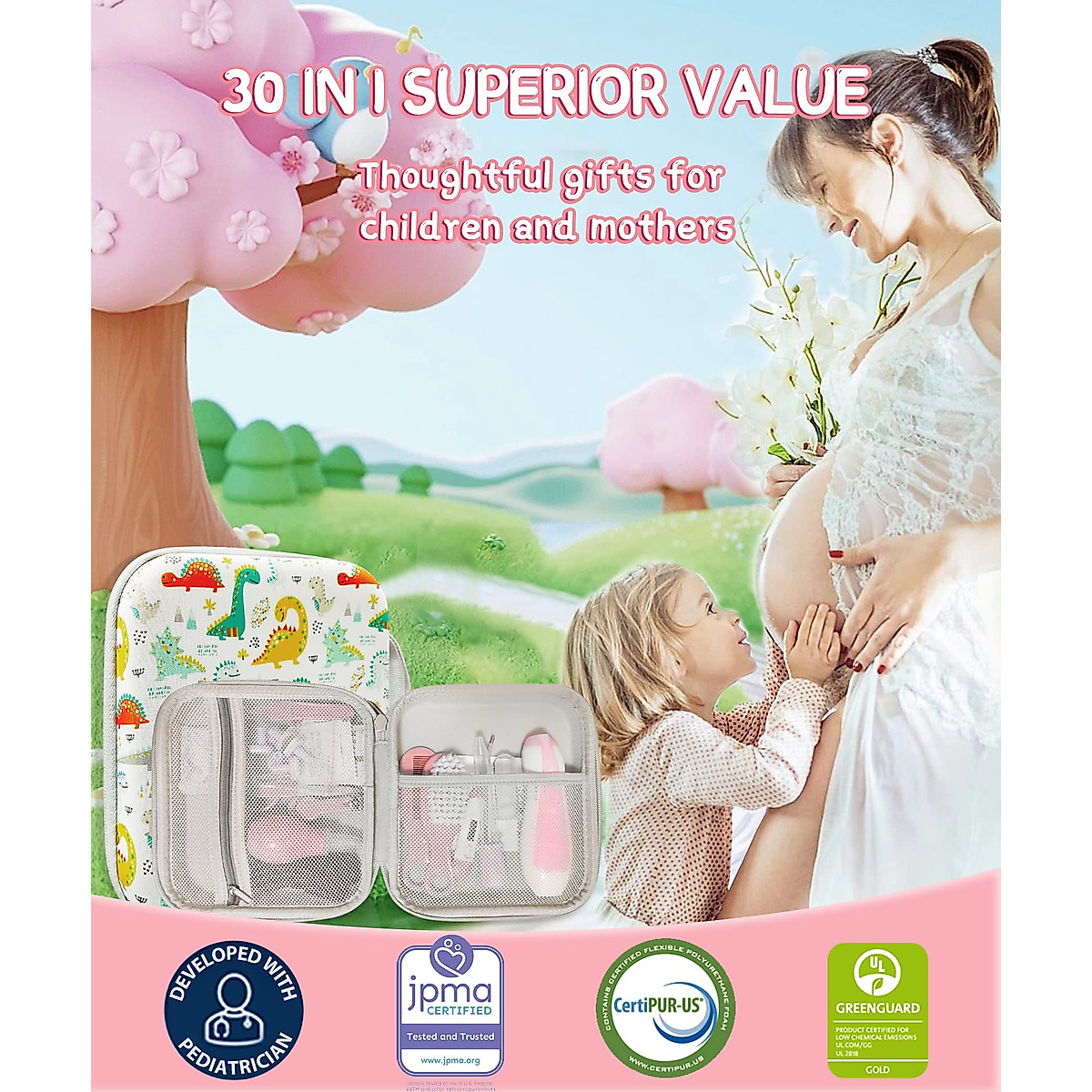 30 in 1 Baby Healthcare and Grooming Kit, Portable Baby Electric Nail Trimmer Set, Newborn Nursery Care Kit Baby Essentials with Baby Healthcare kit, Medicine Dispenser, Haircut Tools, etc (Pink)