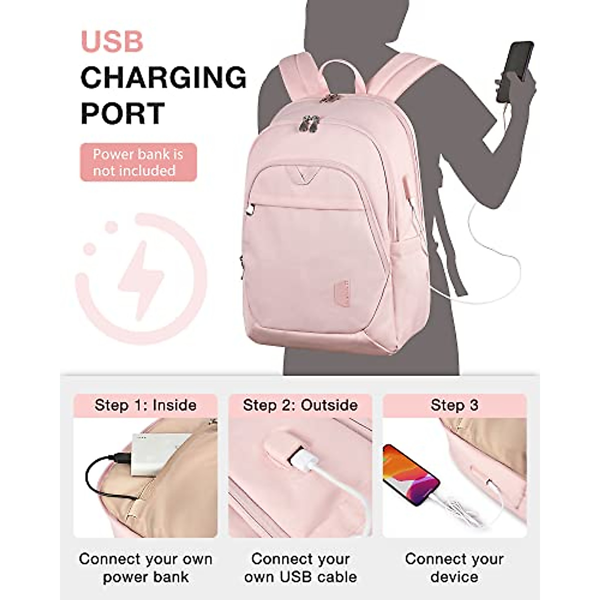 BAGSMART Laptop Backpack for Men College Backpacks 15.6'' Notebook Work Travel Backpack for Men (15.6 inches, pink)