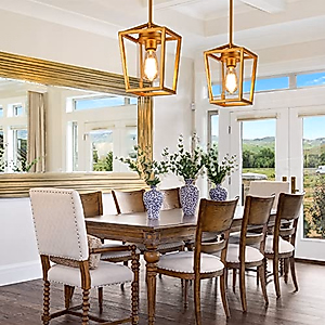 SGLfarmty 1-Light Gold Pendant Light, Farmhouse Cage Pendant Lighting Fixture for Kitchen Island, Lantern Pendant Lights Brass Finish with Glass, Modern Geometric Hanging Light for Foyer, Entryway