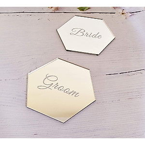XIAOYUE Bride and Groom Acrylic Mirrored Hexagon Place Cards, Geometric Bride and Groom Table Setting,Wedding Place Cards, Bride and Groom Set (Silver Mirror)