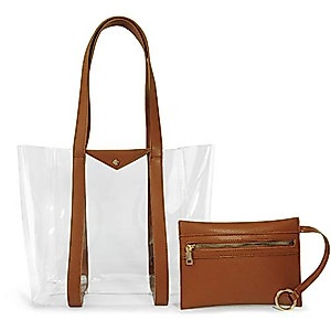 Clear Tote with Vegan Leather Pouch Women Weekender PVC Handbag Shopper Work Bag (Brown)