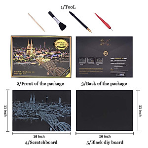 Ameolela Rainbow Scratch Painting Paper, Sketch DIY Art Craft City Series Night View Creative Gift, Scratchboard for Adults and Kids, Craft Kits with 4 Tools, 16x11 inches（Cologne Cathedral）