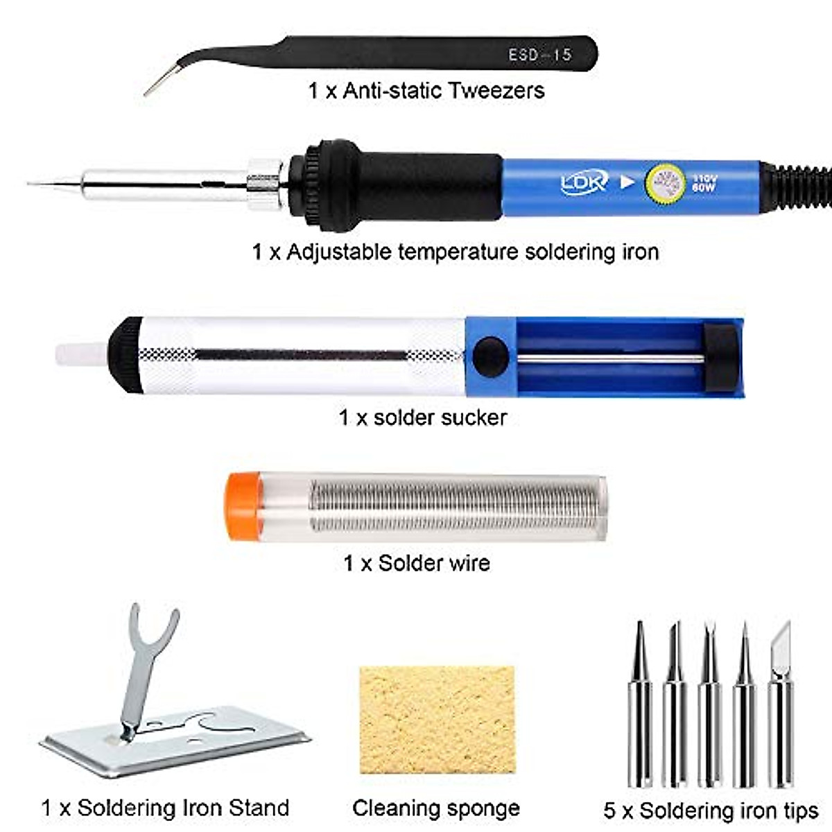 LDK Soldering Iron Kit Electronics, [Upgraded] Full Set 60W 110V Adjustable Temperature Welding Tool with 5pcs Different Tips, Stand, Tweezers, Sponge, Flux Pen, Solder Wire and User Manual