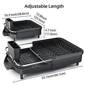 Dish Drying Rack - Extendable Dish Rack for Kitchen Counter, Saving Countertop Space Dish Drainer, Stainless Steel Kitchen Drying Rack with Cutlery Holder, 22.1''L x 12.8''W (Black)