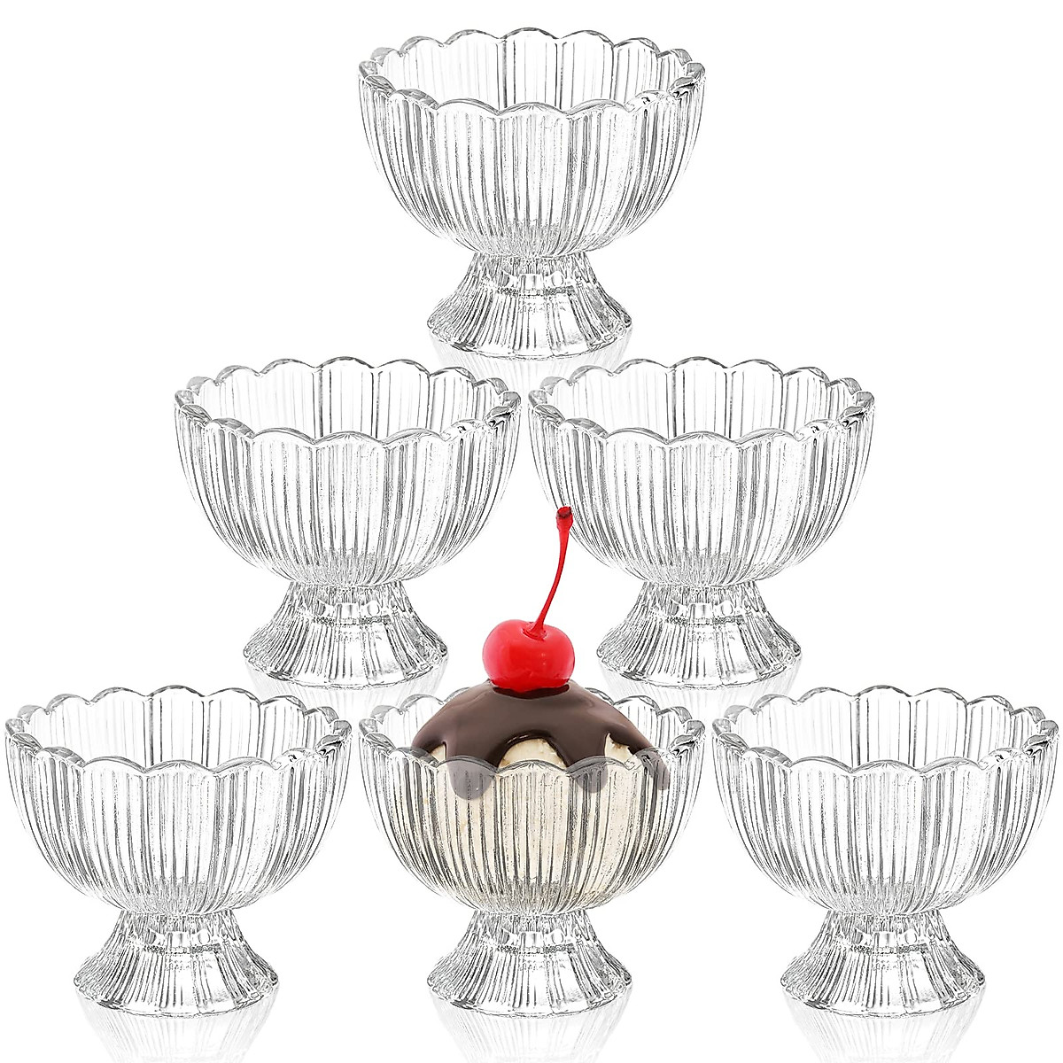 ZEAYEA Set of 6 Glass Dessert Bowls, 5.6 oz Clear Glass Ice Cream Sundae Cups, Small Footed Trifle Cups for Salad, Fruit, Parfait, Cocktail, Snack, Nuts