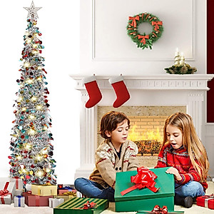 2Pcs Pop Up Christmas Tree with 50 Warm Lights 3D Topper Star - Collapsible Glitter Tinsel Artificial Christmas Pencil Trees Holiday Xmas Decoration for Indoor Home Office