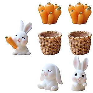 PRETYZOOM Easter Decoration Kit Bunny Miniature Straw Basket Carraot Figures Rabbit Bunny Fairy Garden Decor Dollhouse Ornament Micro Landscape Decor Cake Topper 7pcs