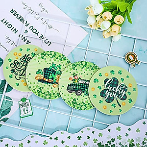 Whaline St. Patrick's Day Coaster 4Pcs Watercolor Green Lucky Shamrock Truck Hat Drink Coaster Irish Ceramic Coaster Cup Mat for Mugs Cups Home Kitchen Party Supplies, 4.1 x 4.1 x 0.3 Inch